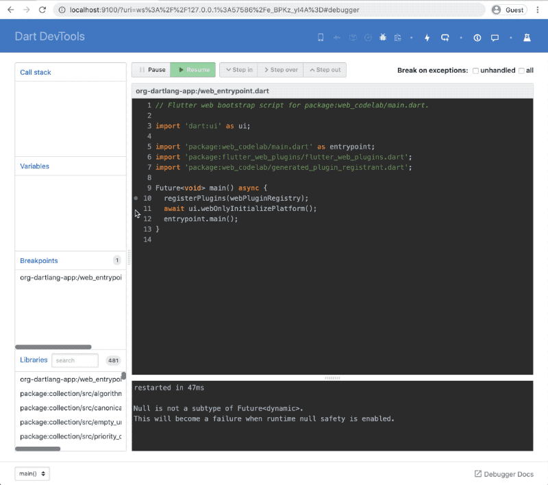 Hot restart removes breakpoints in DevTools · Issue #57619 · flutter/flutter · GitHub