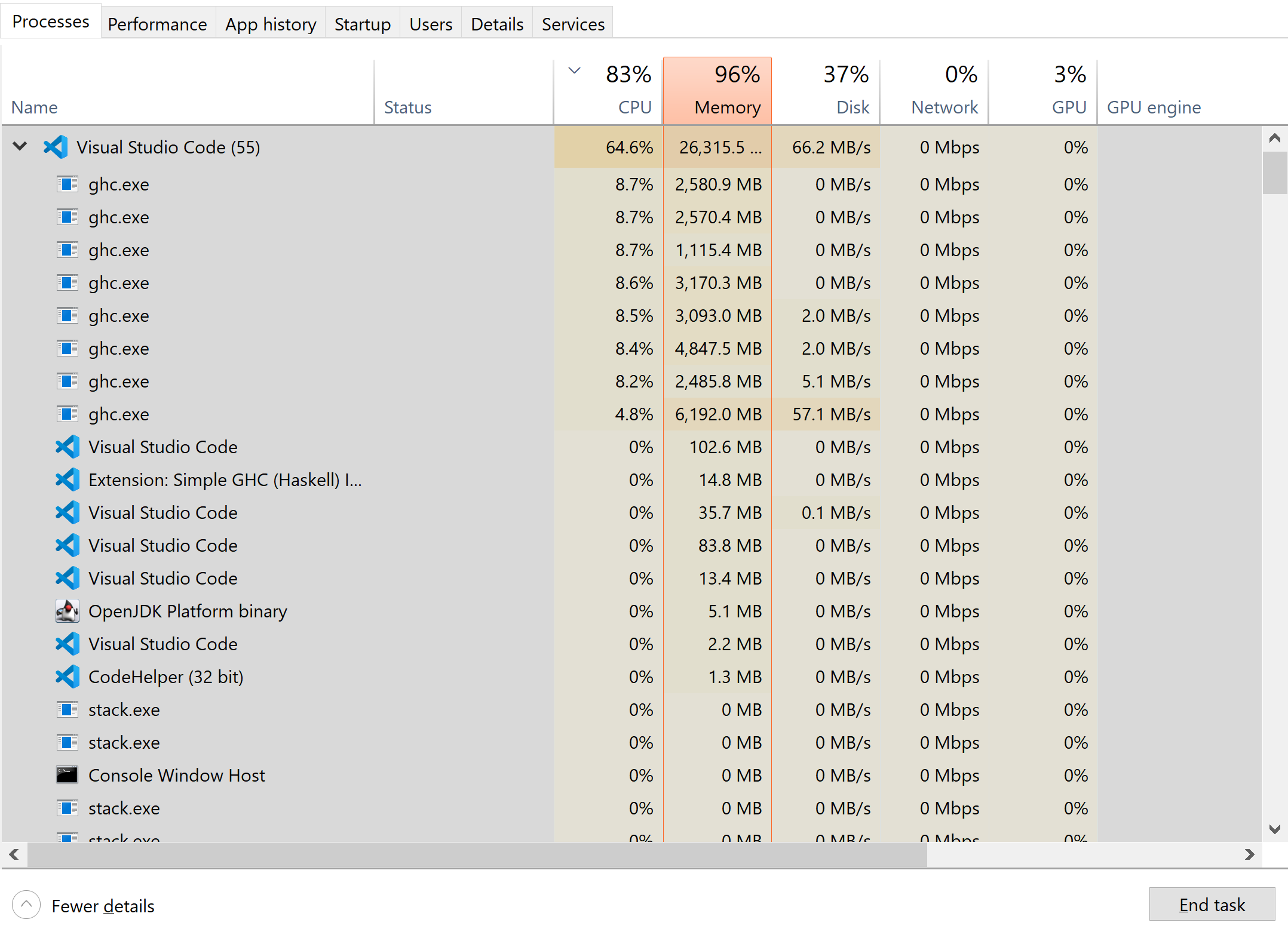 Working on a small Haskell file, GHCi uses >10 seconds pops up and GHC drain all CPU at the ...