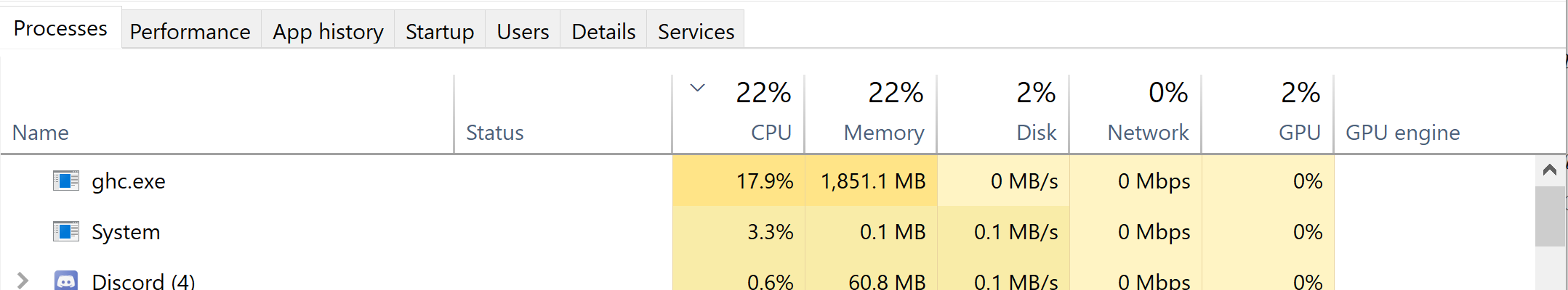 Working on a small Haskell file, GHCi uses >10 seconds pops up and GHC drain all CPU at the ...