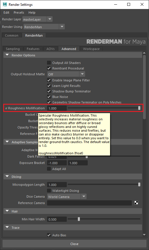 Where can I find the 'Specular Roughness Mollification' Option? · Issue #613 · prman-pixar ...