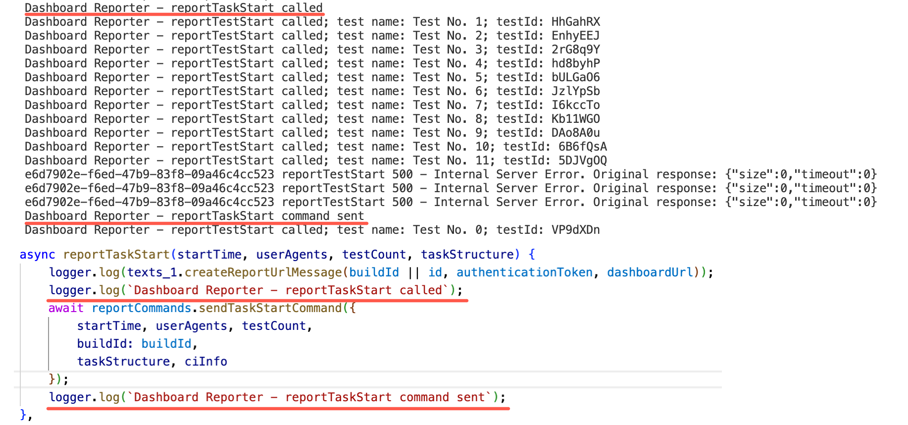 In concurrent mode, subsequent runners call reporter.reportTestStart ...