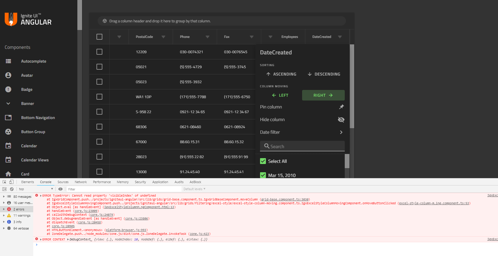 When the last column is hidden button RIGHT for the last visible column should be disabled ...