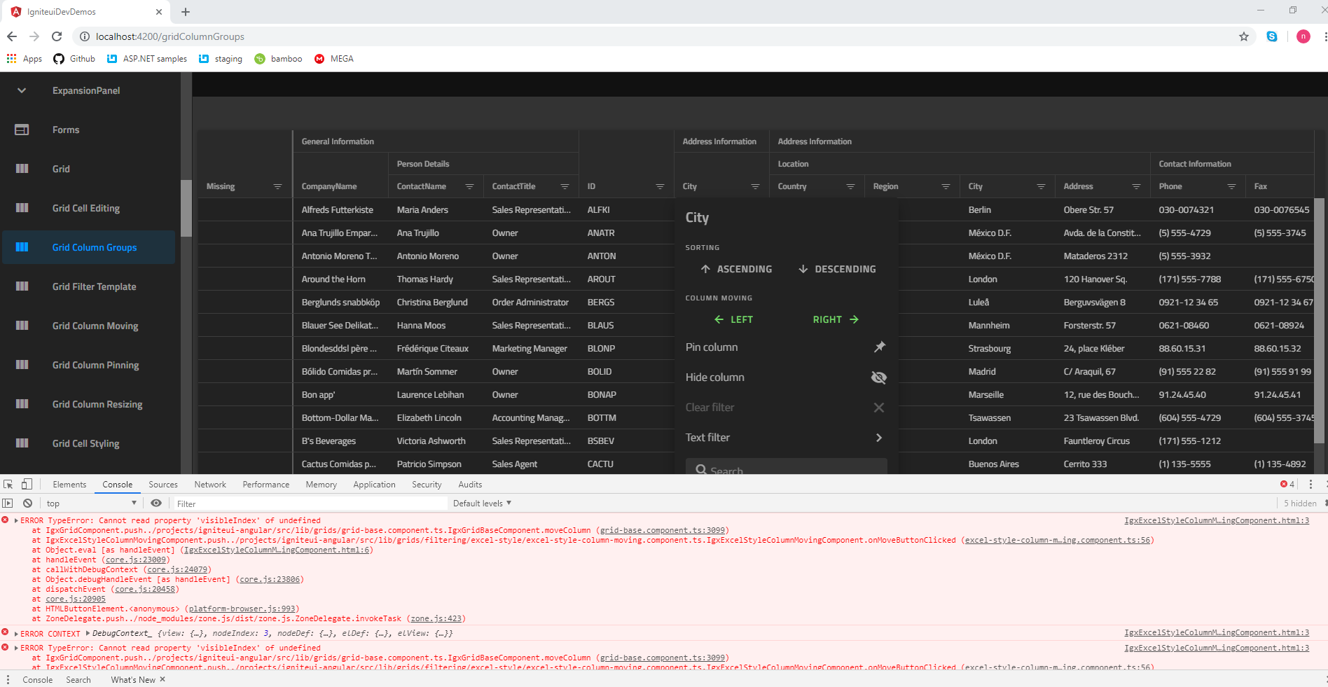 When in column group a column is hidden in the excel style filter LEFT and RIGHT buttons are ...