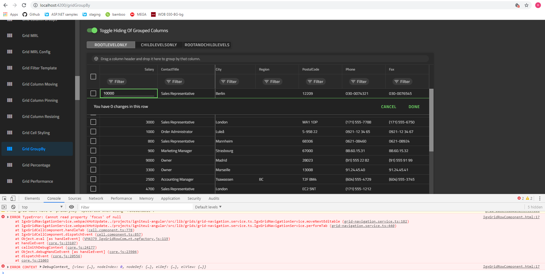 When there are pinned column and press tab when row editing is opened an error is returned ...