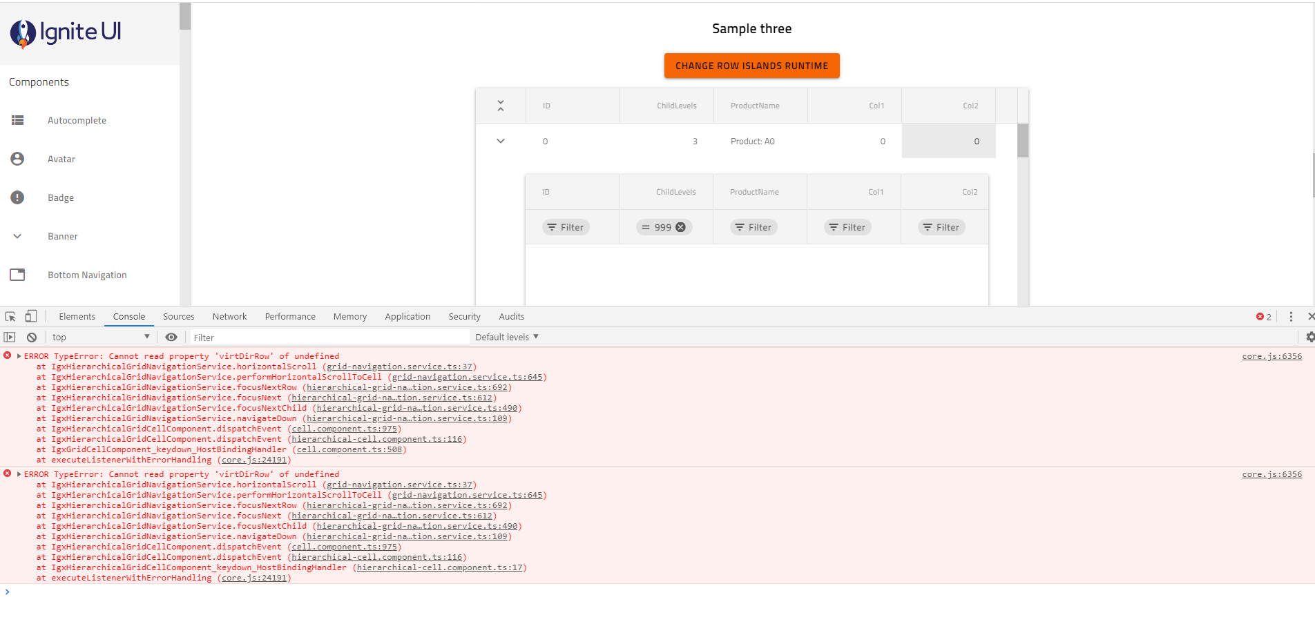 An error is returned when the child grid does not have data and navigate with arrow down · Issue ...