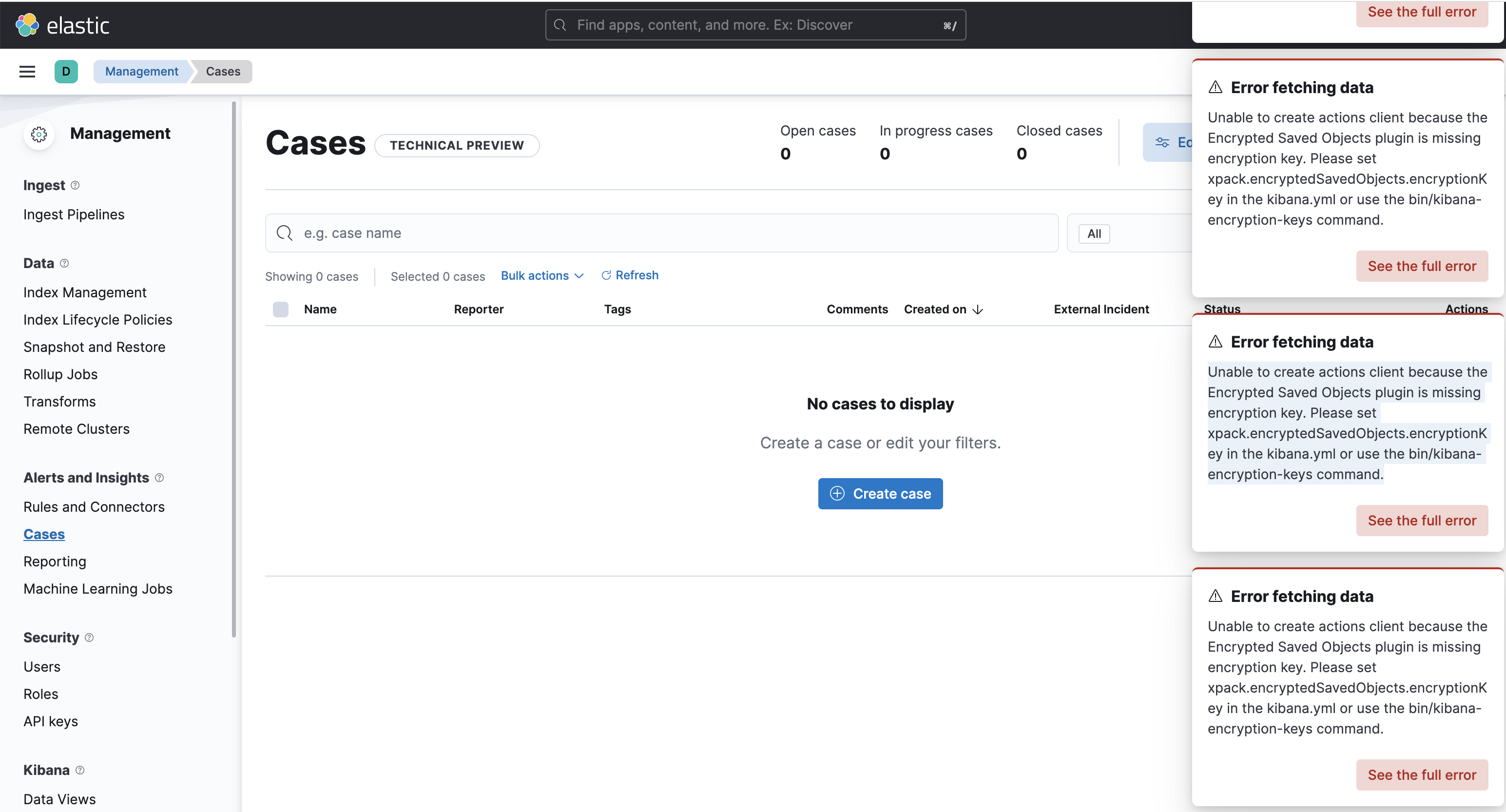 Cases- Can we suppress the error message to just one pop up when the encryption key is not set ...