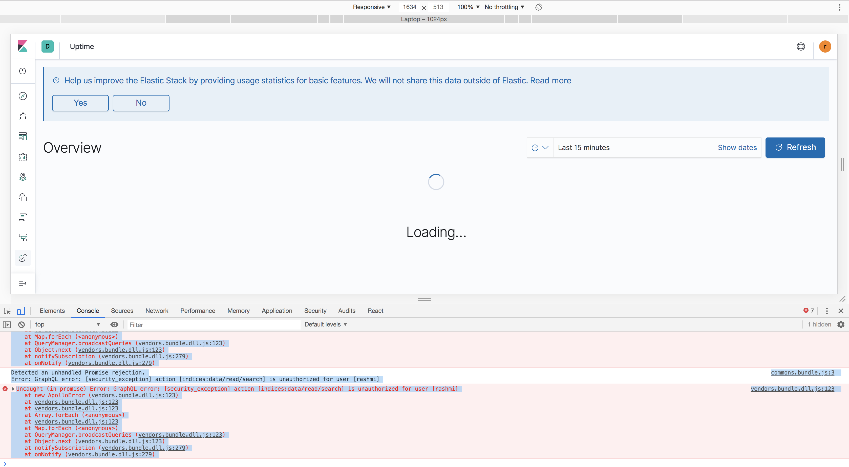 No error shown when a user with limited roles clicks on uptime app - instead loading wheel keeps ...