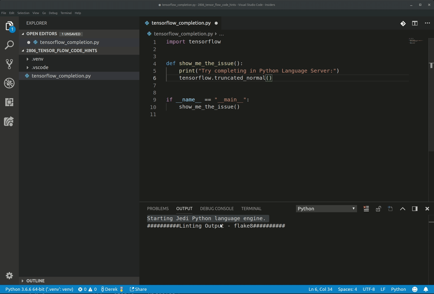 Jedi Completion Does Not Show Expected Tensorflow Api Call Version Of A Function Decorated With 