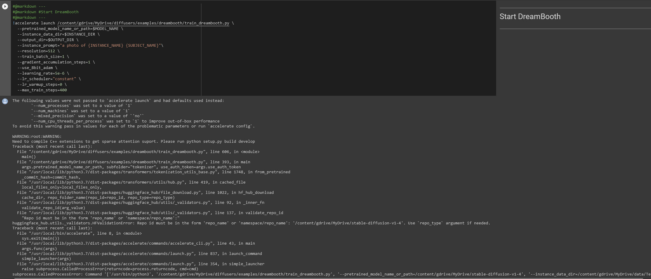 Start DreamBooth Error - google colab · Issue #16 · TheLastBen/fast-stable-diffusion · GitHub