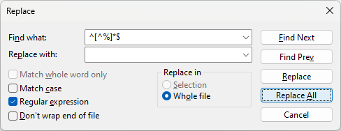 WinMerge hangs for a certain regex search & replace action for clearing all lines not containing ...