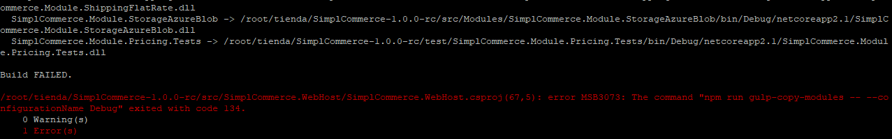 error MSB3073: The command "npm run gulp-copy-modules -- --configurationName Debug" exited with ...
