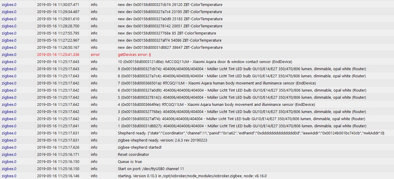 getDevices error: {} · Issue #303 · ioBroker/ioBroker.zigbee · GitHub