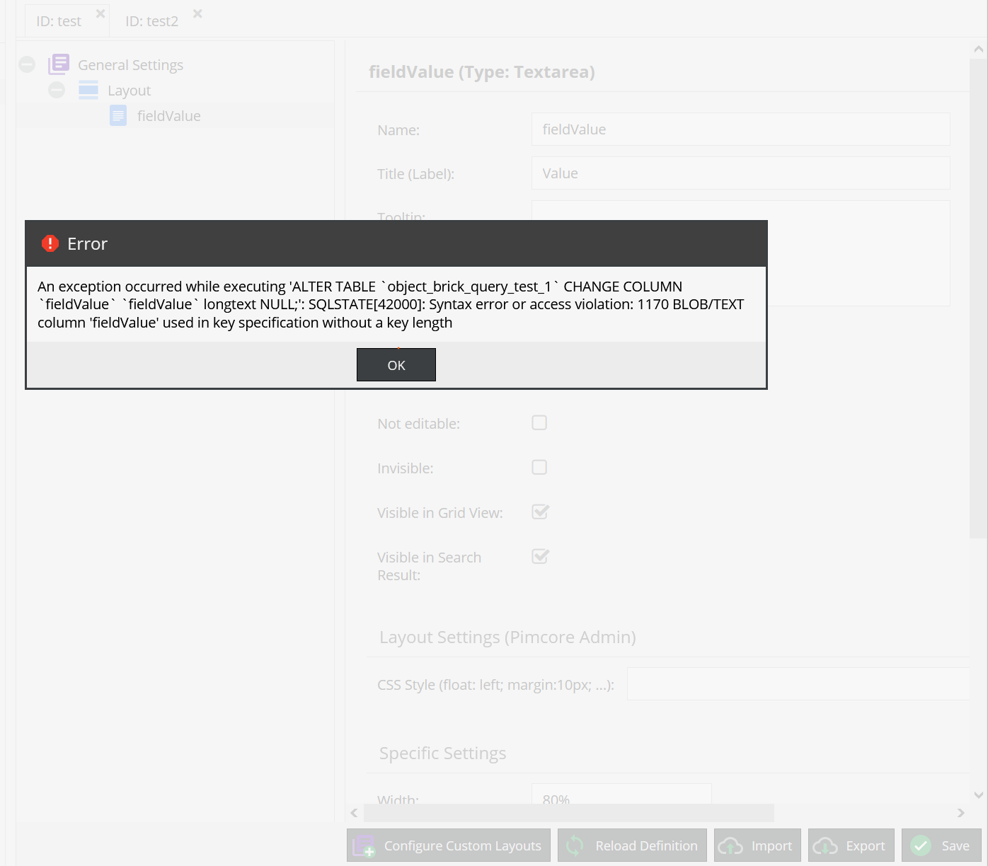 [Bug]: Objectbrick definition update fails when changing field of type text to type textarea ...