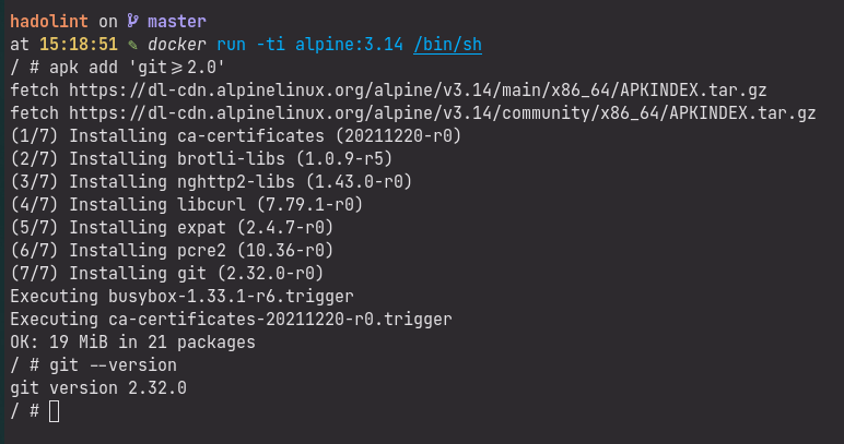 Using a lower bound for version pinning with alpine apk triggers version pinning warnings and ...