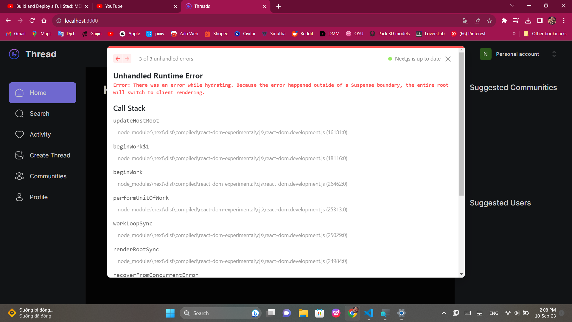 Unhandled Runtime Error: There was an error while hydrating. · Issue #76 · adrianhajdin/threads ...