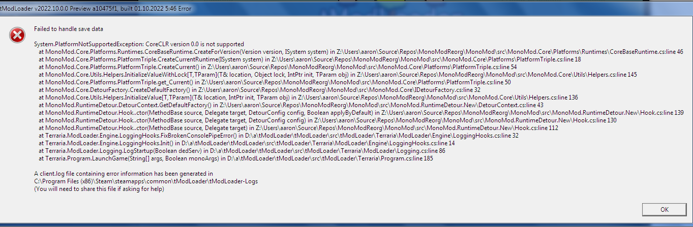 CoreCLR version 0.0 is not supported error · Issue #2996 · tModLoader/tModLoader · GitHub