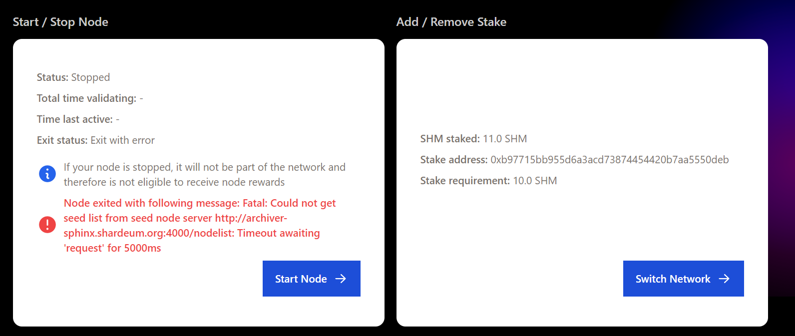 Validator Stopped Error ```Fatal: Could not get seed list from seed node server. Timeout ...