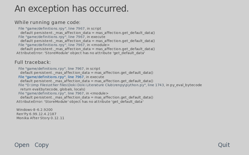 HELP, uncaught exception. · Issue #9638 · Monika-After-Story ...