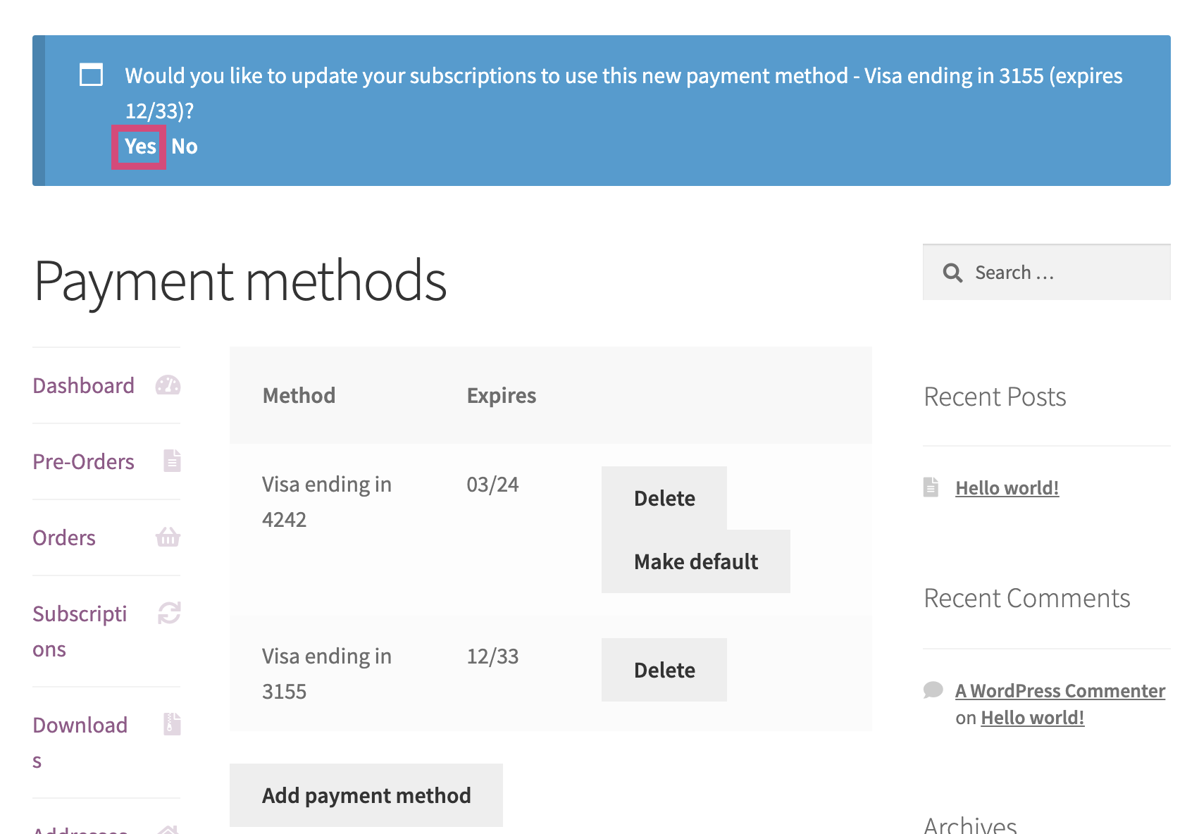 SCA: "Save payment information to my account for future purchases ...