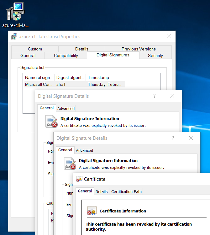 Revoked signing certificate on MSI download · Issue #5696 · Azure/azure-cli · GitHub