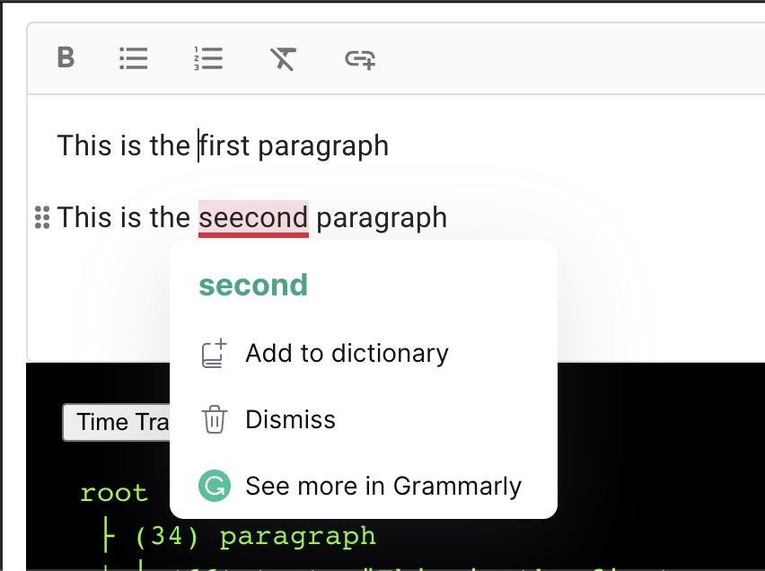 Bug: correcting a word using Grammarly will also insert word where the cursor is if in a ...