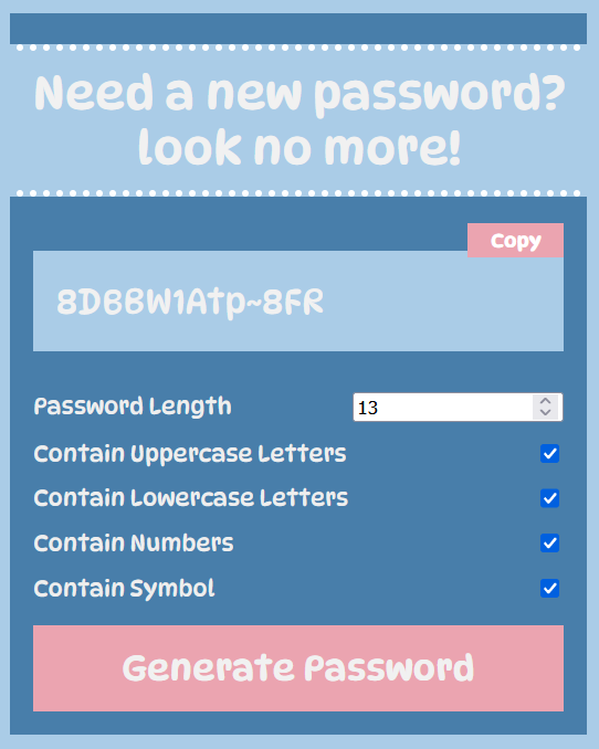 GitHub - Jenny-Svensson/passwordGenerator: A password generator made with HTML/CSS and Vanilla ...