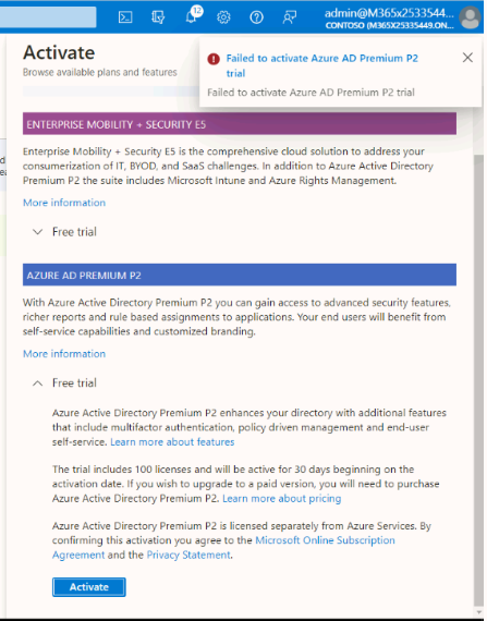 Azure AD Premium P2 license - Unable to activate · Issue #703 · MicrosoftLearning/AZ-104 ...