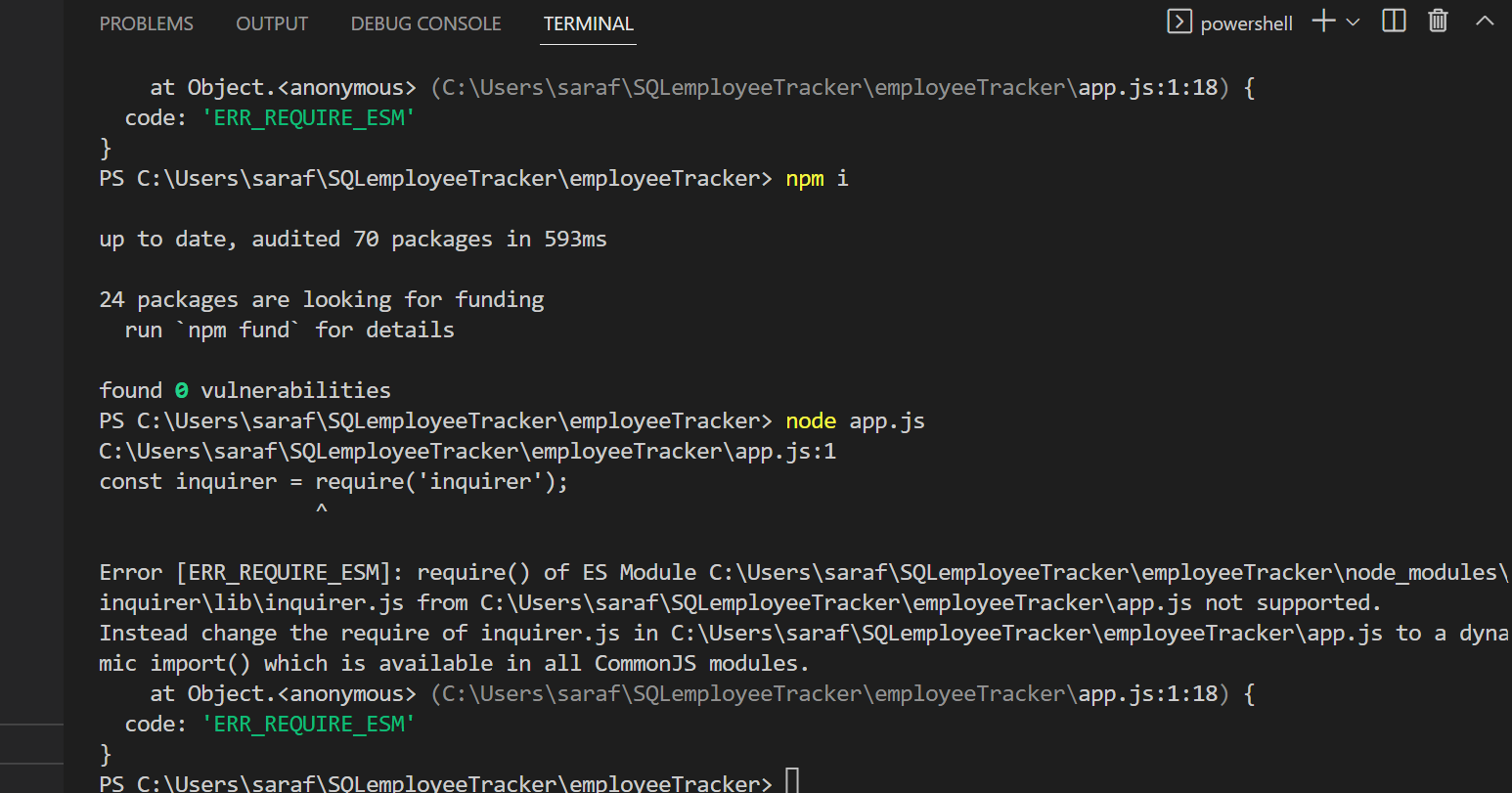 Application not running · Issue #1 · Sophack/employeeTracker · GitHub