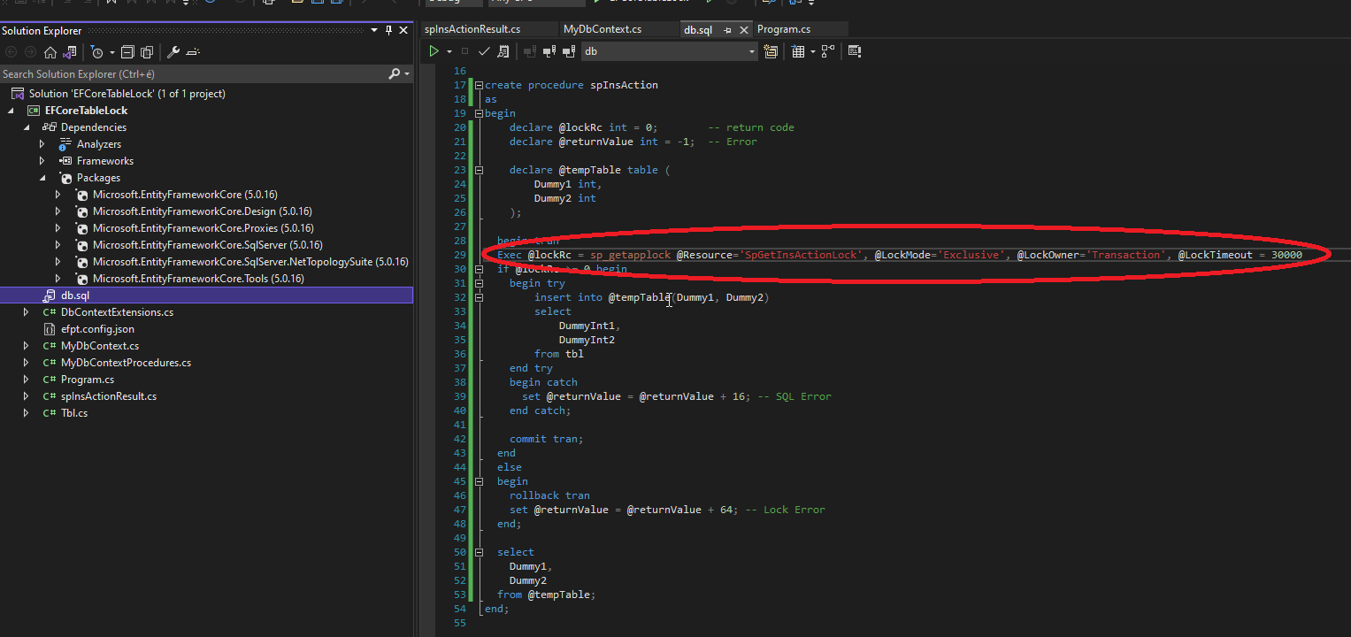 Stored procedure generation with lock failed to generate return properties · Issue #1338 ...