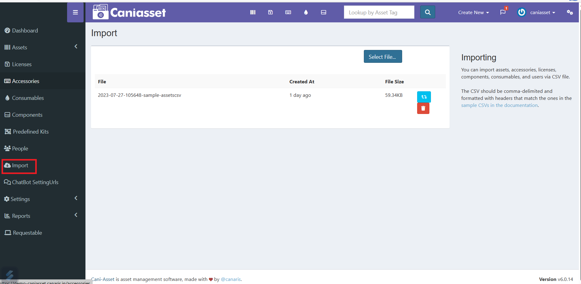 Cani-Assest > side nav bar > open Import and Chat Bot page but two options are not active ...