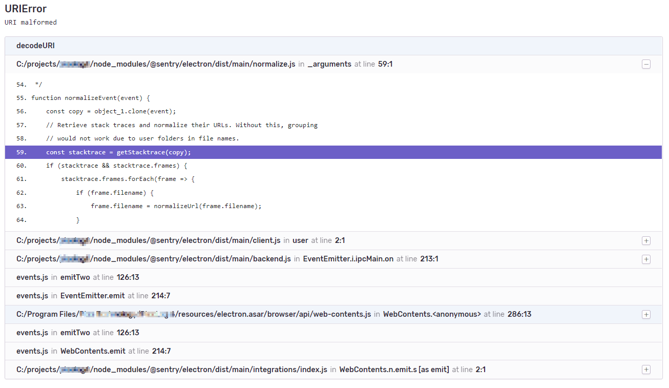 URI malformed error in normalizeEvent · Issue #175 · getsentry/sentry-electron · GitHub