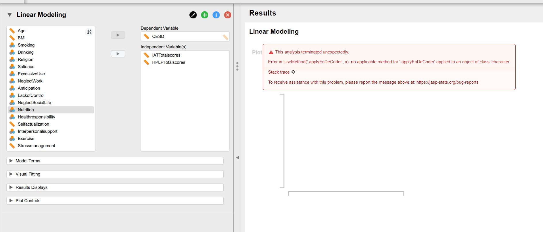 [Bug]: Visual modeling- Linear Modeling failed in 0.16.4 · Issue #1849 · jasp-stats/jasp-issues ...