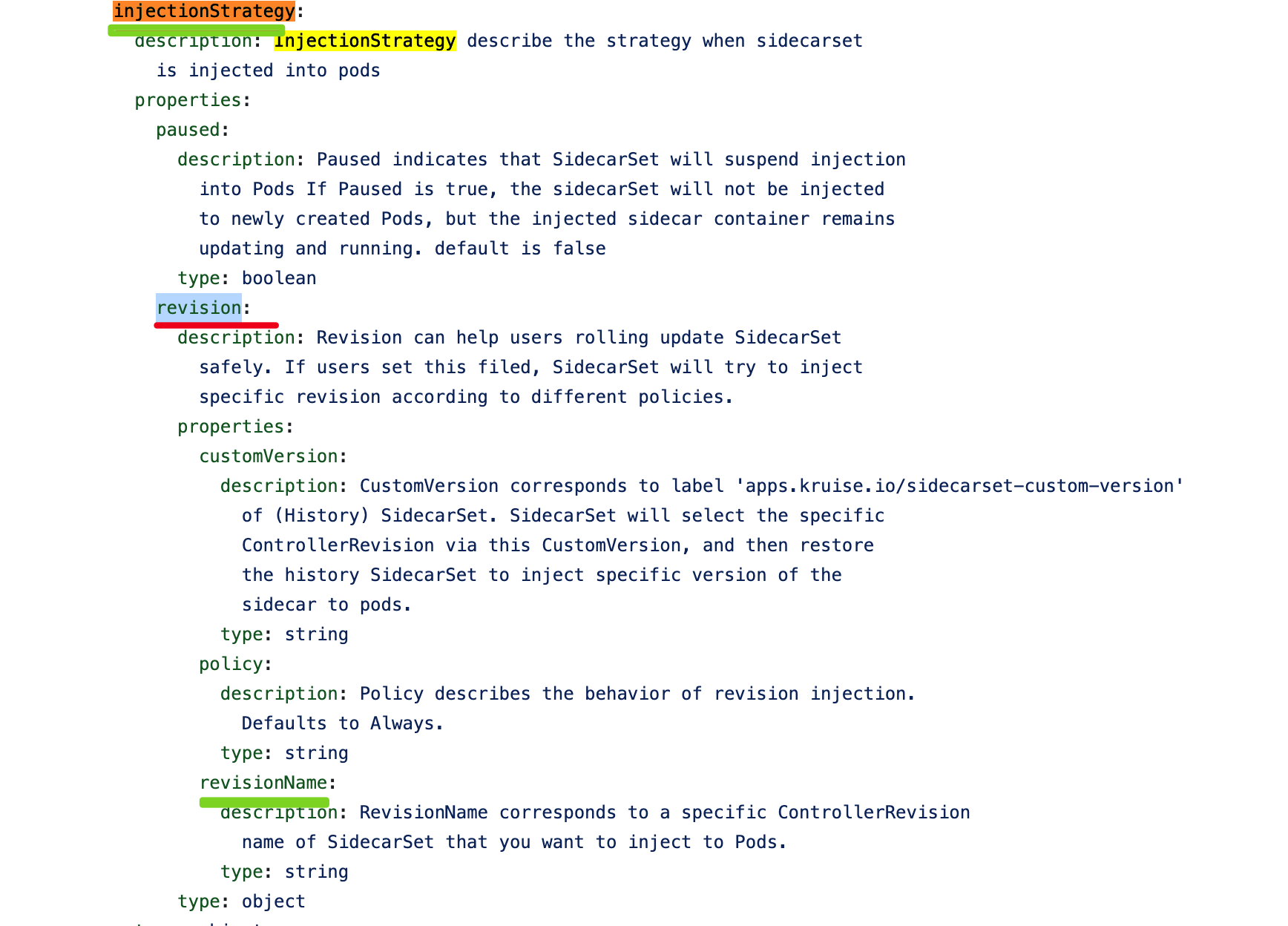 The spec.injectionStrategy.revisionName described in the official document and crd are ...