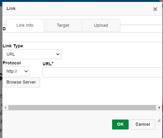 Link popup is missing with "TARGET" and "UPLOAD" tabs · Issue #12589 · ckeditor/ckeditor5 · GitHub