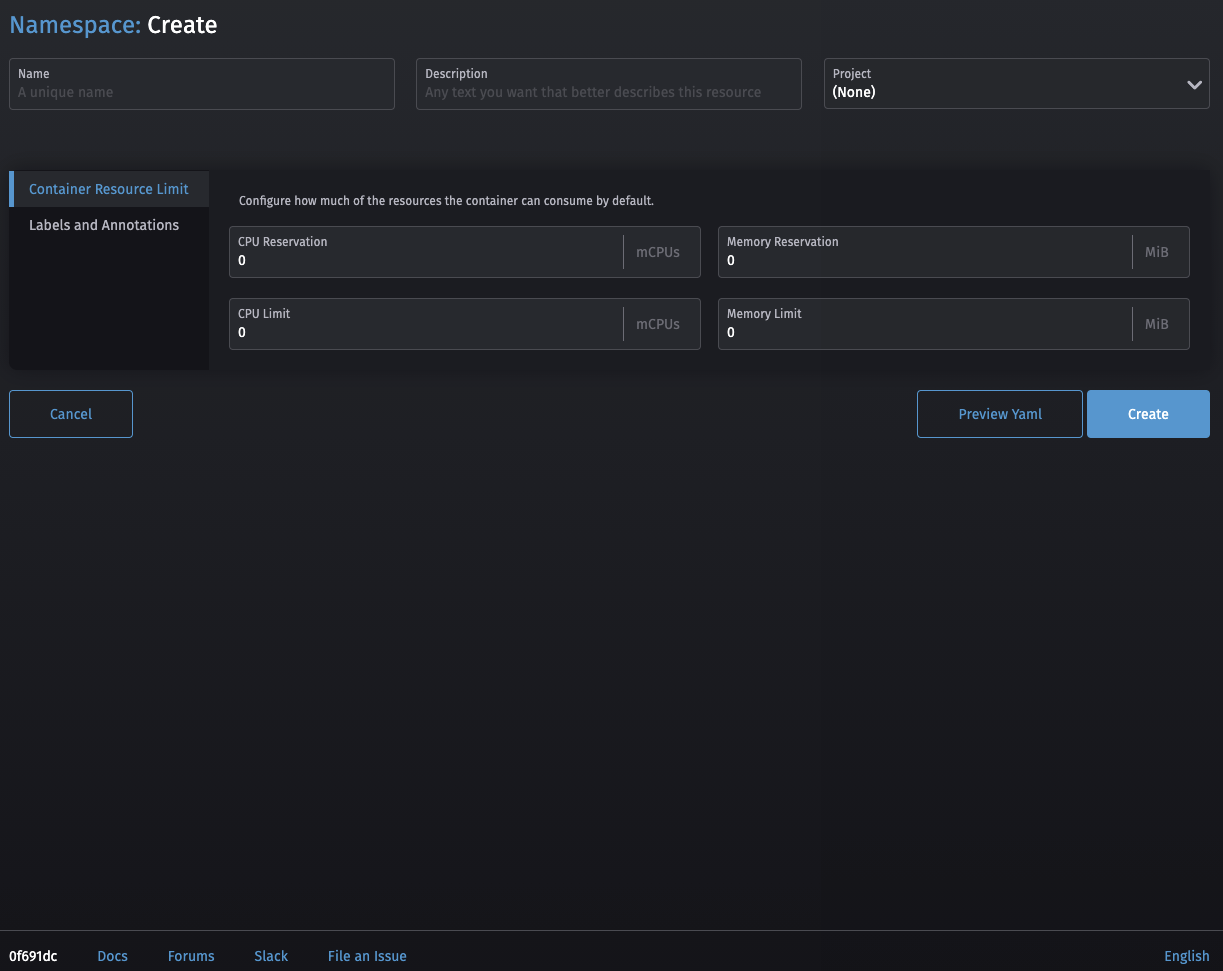 Cancel/Create buttons on bottom are in different places for YAML/Form ...