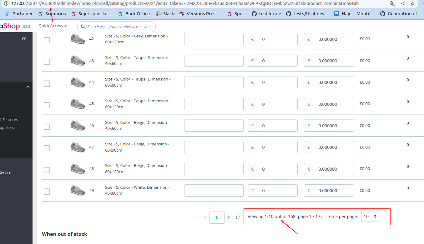 The translation of the pagination label in products list and combinations list is not correct ...