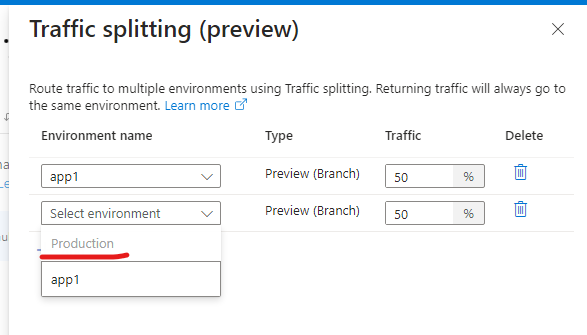 Cannot Revert The Traffic Of The Production Environment With Traffic Splitting In Static Web