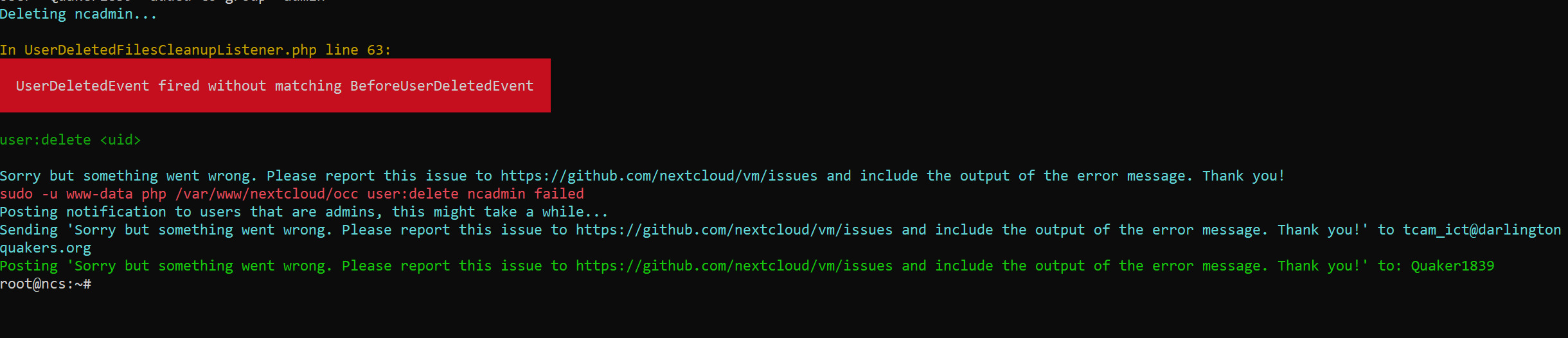 delete user ncadmin failed during install · Issue #2272 · nextcloud/vm · GitHub