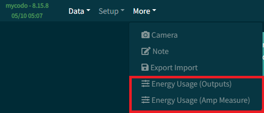 Energy Usage (Outputs) and Energy Usage (Amp Measure)) Menu Options - Produce, "Error 500 ...