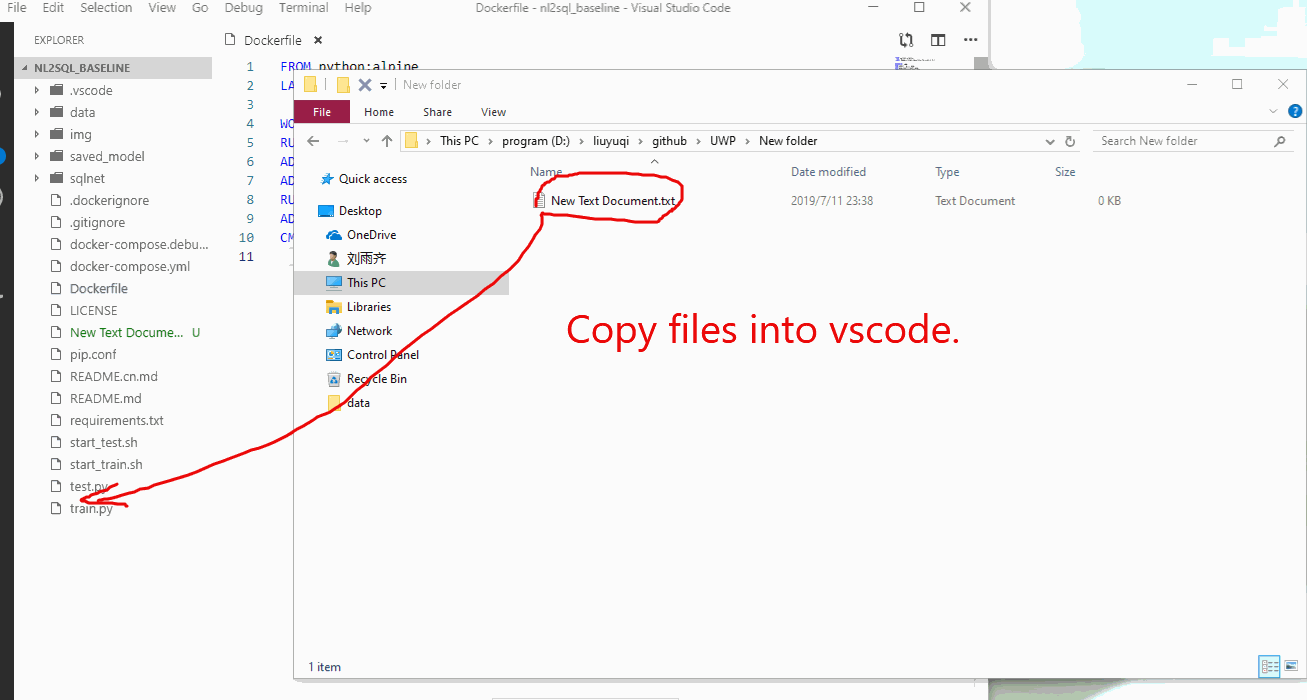 Drag files into vscode, it should auto copying the files into folder ...