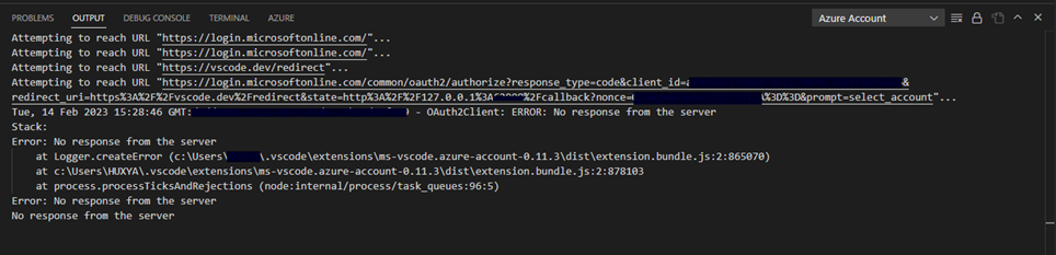 Unable to login to Azure from VS Code · Issue #753 · microsoft/vscode-azure-account · GitHub