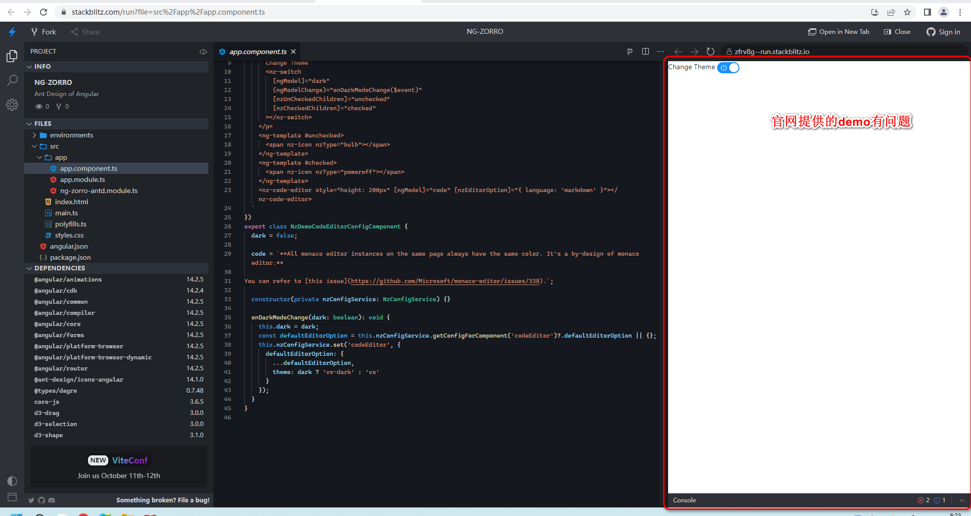 NG-ZORRO官网提供的Code Editor组件demo例子有问题，编译不过 · Issue #7663 · NG-ZORRO/ng-zorro-antd · GitHub
