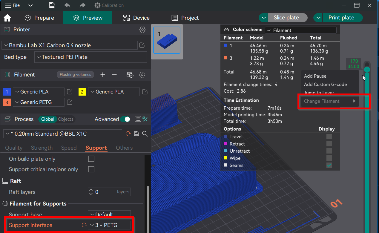 Changing filament is not possible when the support interface is selected · Issue #766 ...