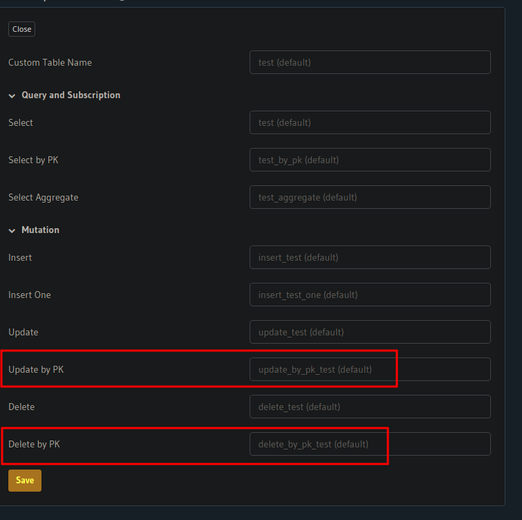 Invalid mutations (delete_by_pk and update_by_pk) placeholder text in Custom Graphql Root Fields ...