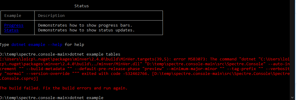 Cannot run examples · Issue #215 · spectreconsole/spectre.console · GitHub