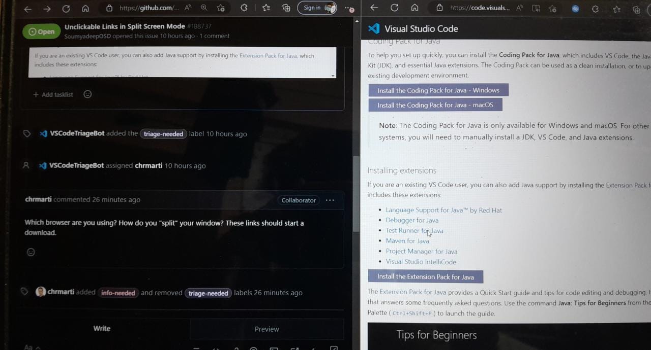 Unclickable Links in Split Screen Mode · Issue #188737 · microsoft/vscode · GitHub