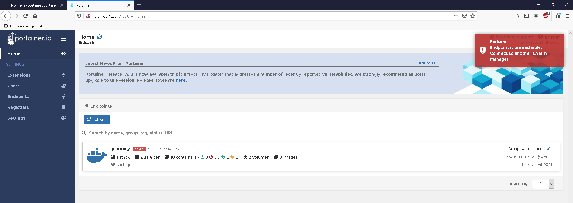 "Endpoint is unreachable. Connect to another swarm manager." error when the portainer service ...