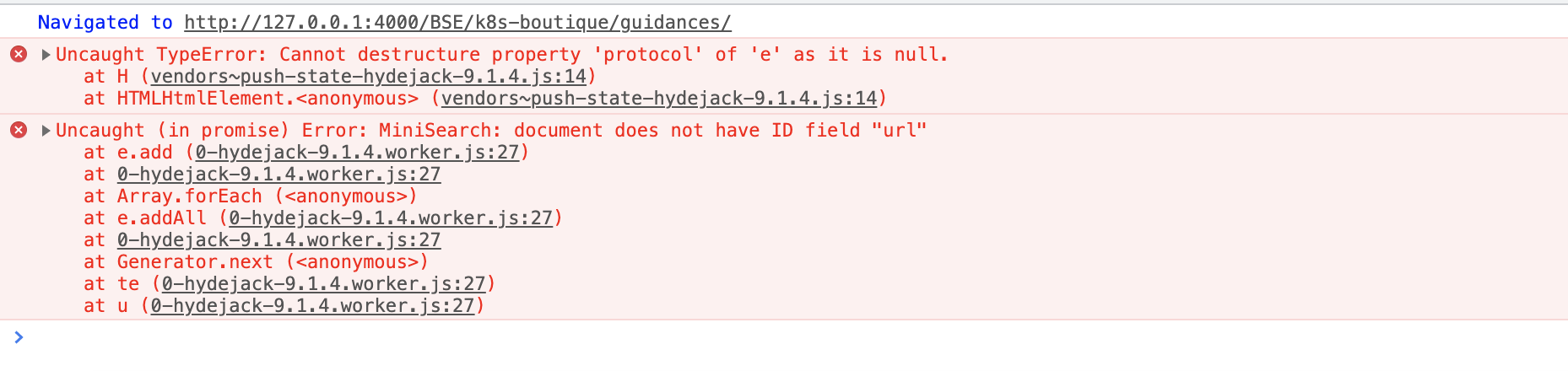 Error: MiniSearch: document does not have ID field "url" · Issue #280 · hydecorp/hydejack · GitHub