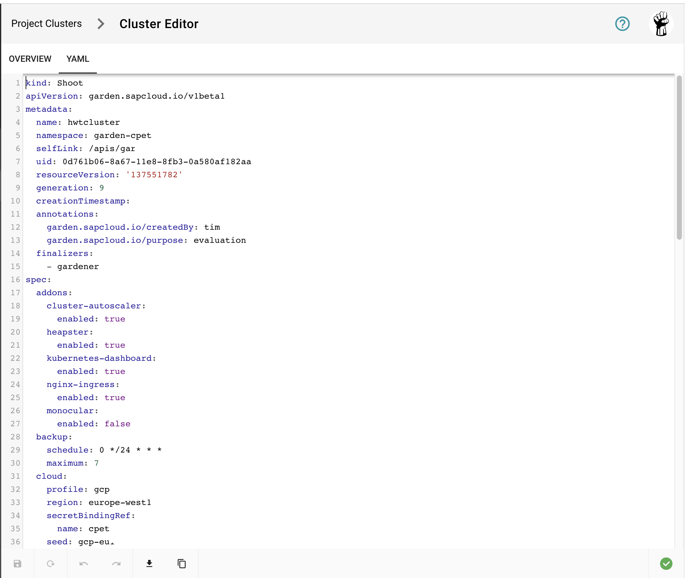 syntax checker indicator interpreted as "save button" · Issue #215 · gardener/dashboard · GitHub