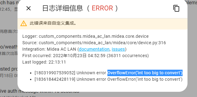Unknown error OverflowError('int too big to convert') · Issue #127 · georgezhao2010/midea_ac_lan ...